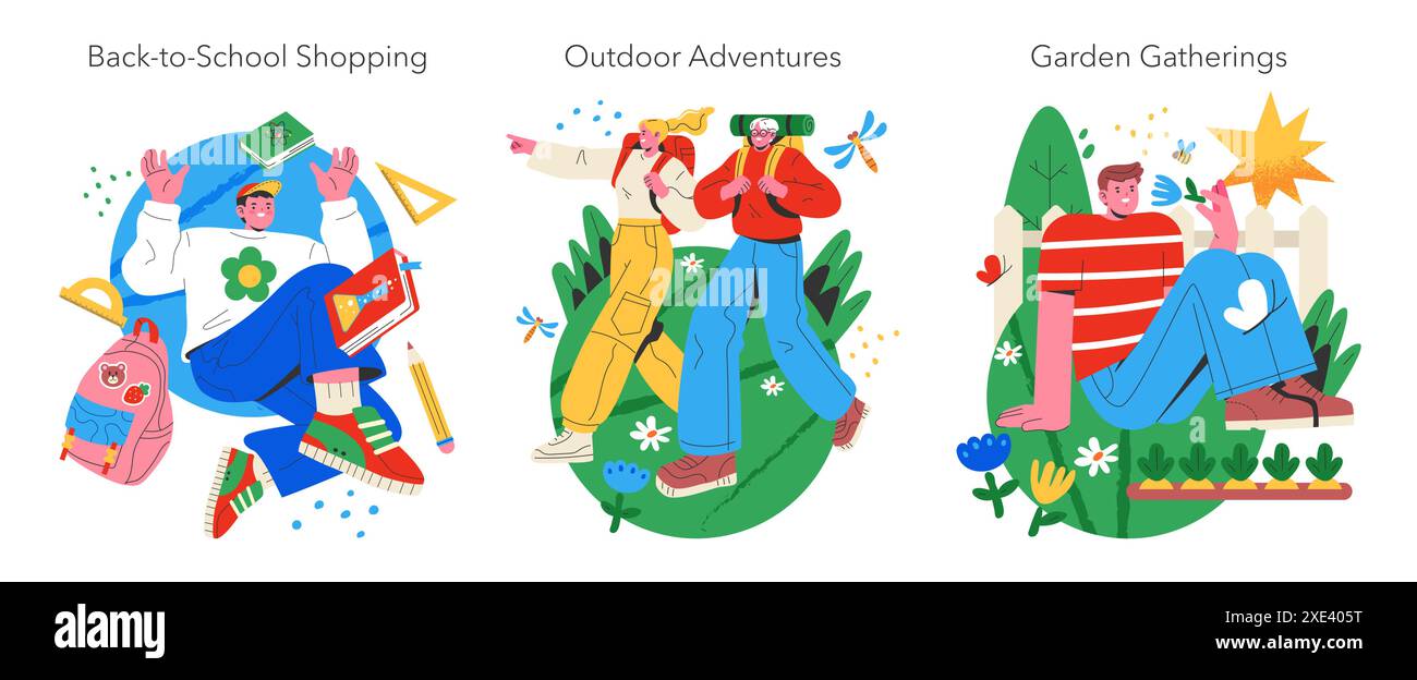 End of Summer Activities set. Illustrations of back-to-school shopping ...