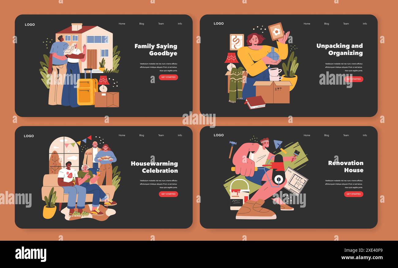 Moving house set. Process of relocation from packing to cleaning old ...