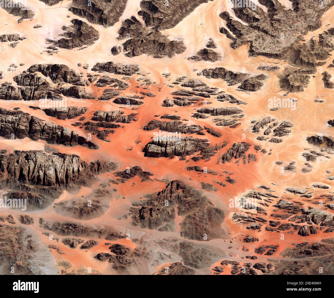Satellite image of the Wadi Rum, a valley cut into the sandstone and ...