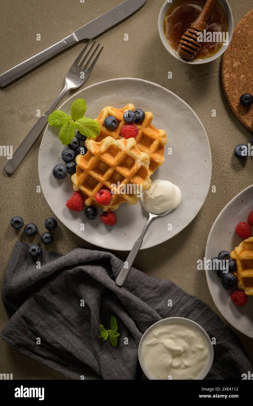 Sweet Homemade Berry Belgian Waffle Stock Photo - Alamy