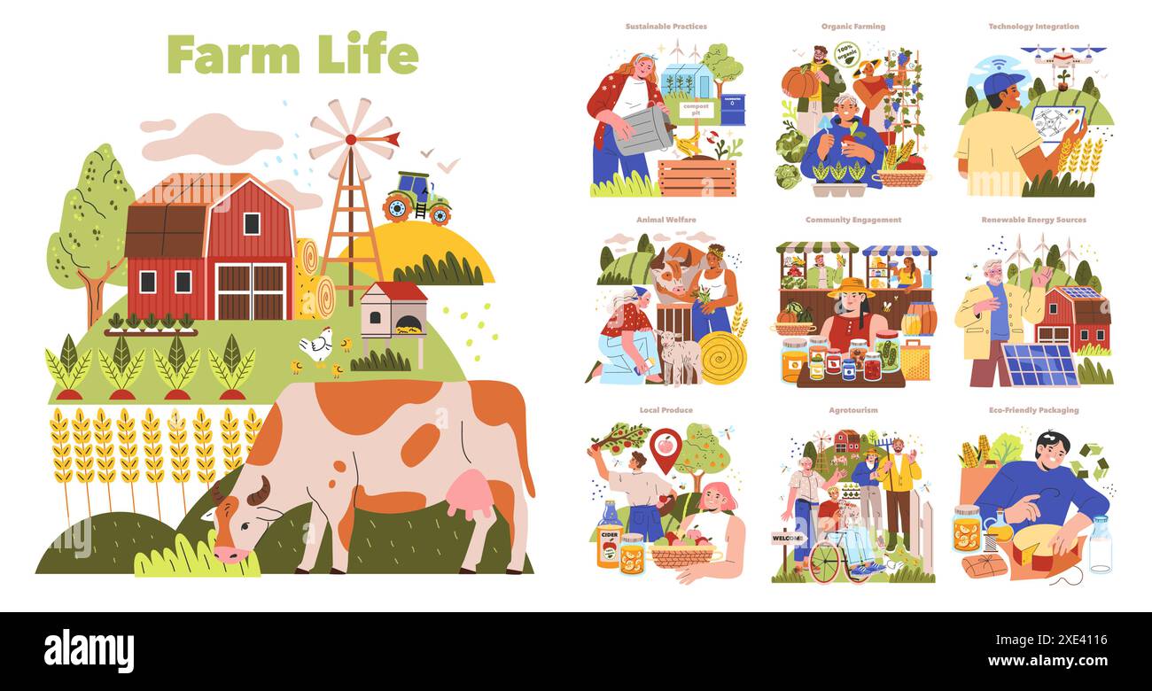 Farm Life set. Illustrating the many aspects of farming, from animal ...
