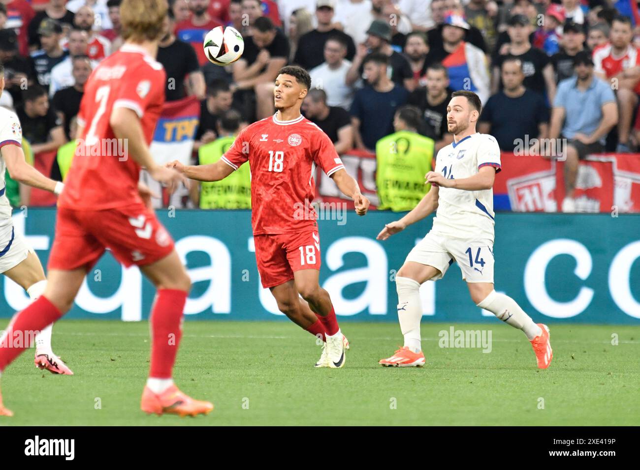 MUNICH, GERMANY - JUNE 25: Alexander Bah of Denmark and Andrija ...