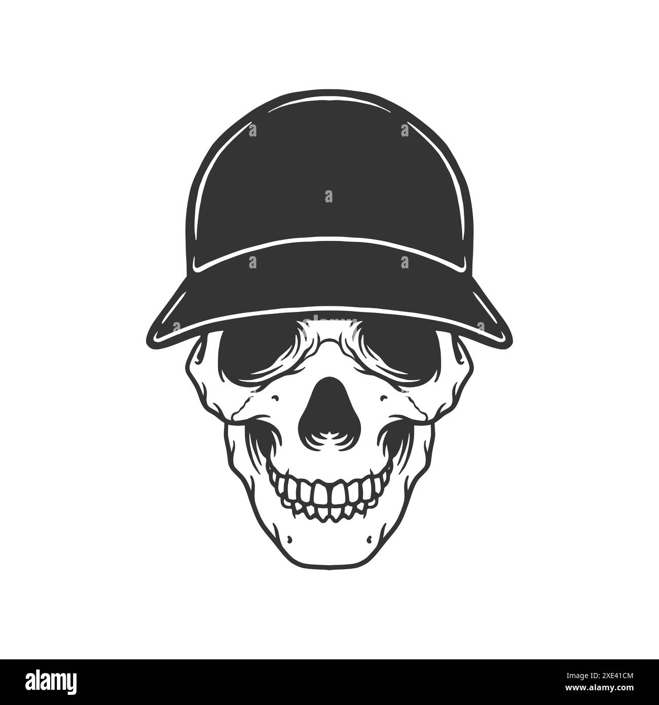 Skull head in baseball cap illustration. skull wearing hat vector ...