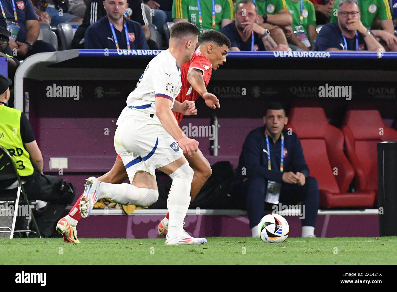 MUNICH, GERMANY - JUNE 25: Luka Jovic of Serbia and Alexander Bah of ...