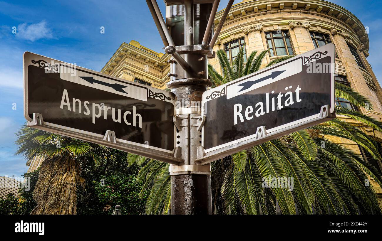Signposts the direct way to reality versus expectation Stock Photo - Alamy