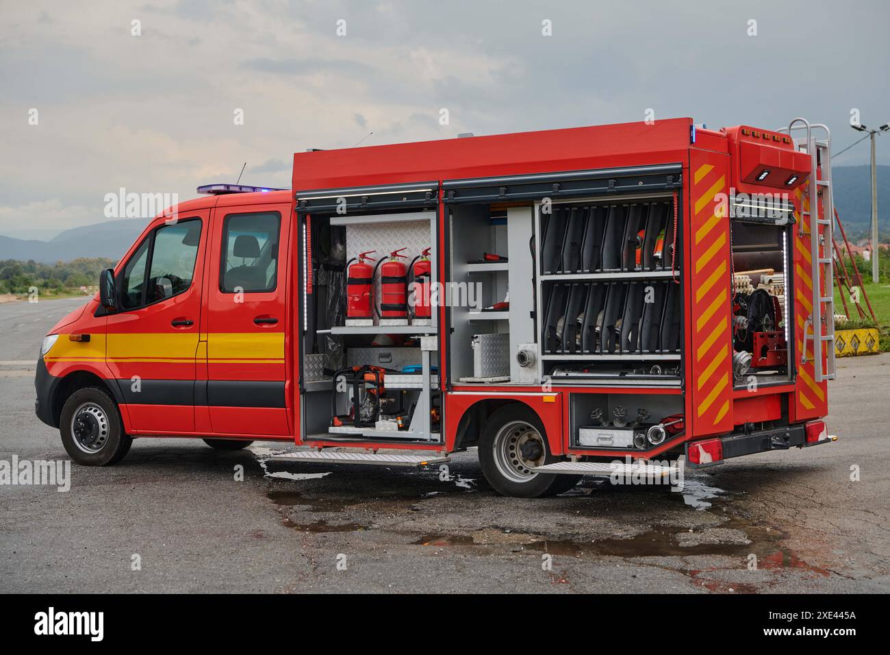 A state-of-the-art firetruck, equipped with advanced rescue technology ...