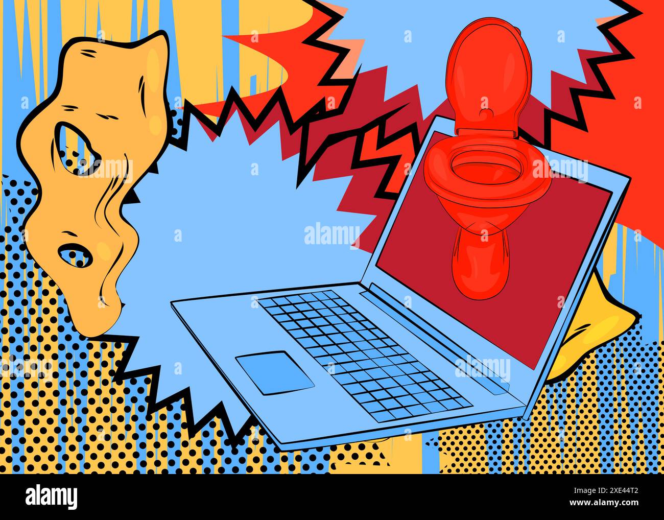 Cartoon Laptop, comic book Notebook with Flush Toilet. Retro vector ...