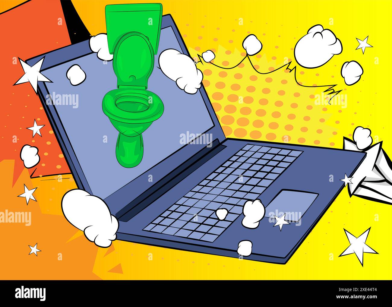 Cartoon Laptop, comic book Notebook with Flush Toilet. Retro vector ...
