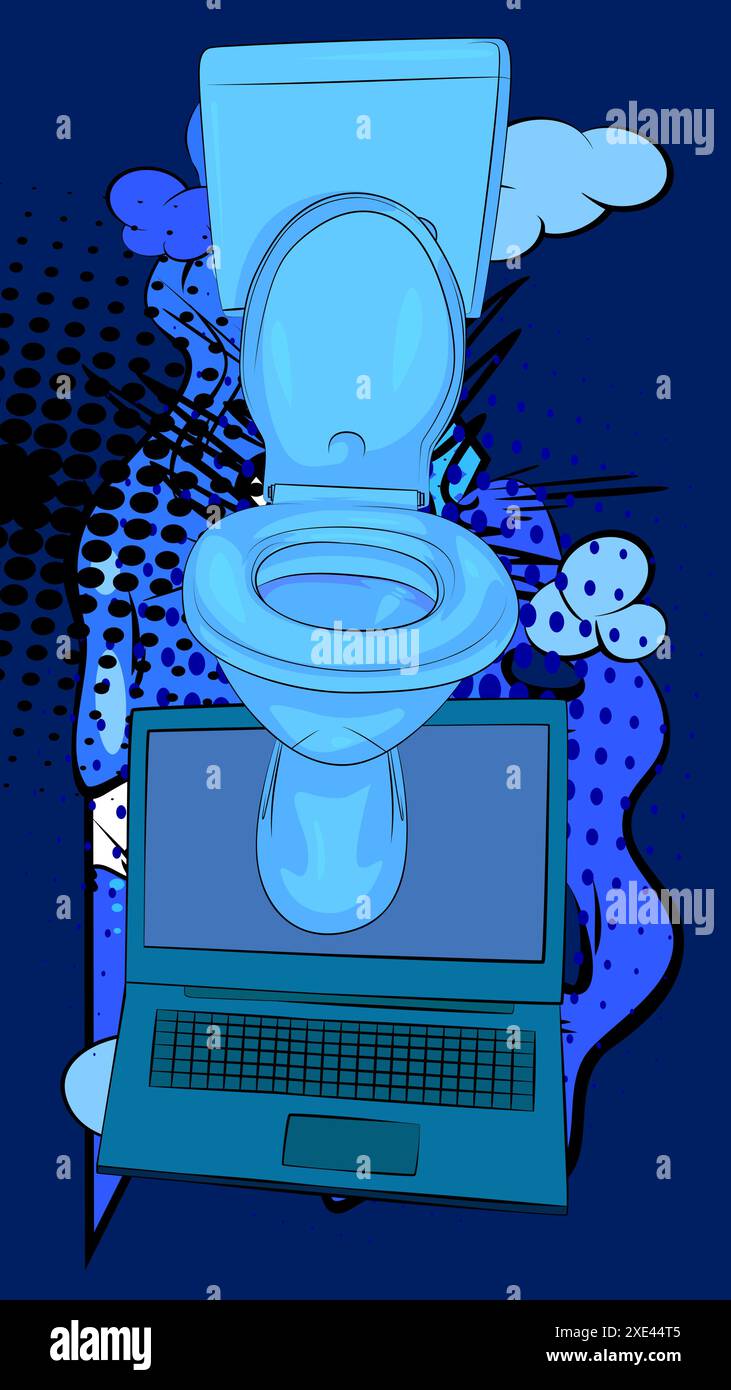 Cartoon Laptop, comic book Notebook with Flush Toilet. Retro vector ...