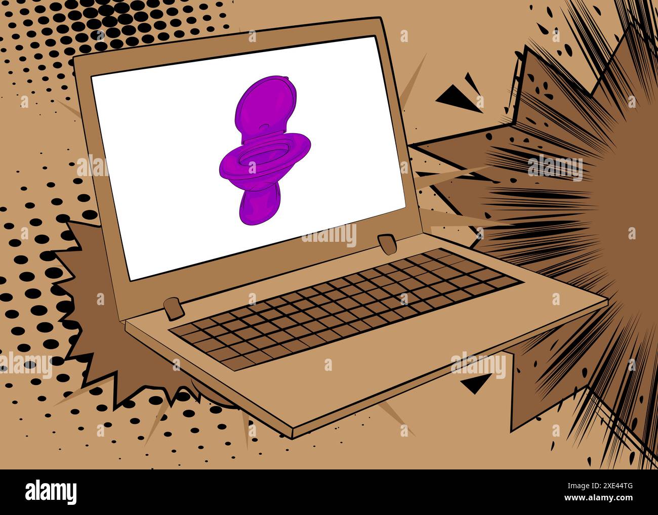 Cartoon Laptop, comic book Notebook with Flush Toilet. Retro vector ...