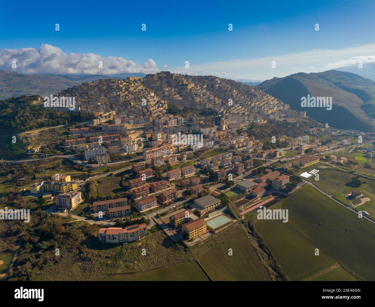 Drone perspective of the landmark hilltop town of Gangi in central ...