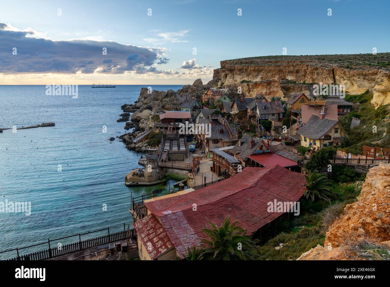 View of idyllic Anchor Bay and Popeye Village amusement park in Malta ...