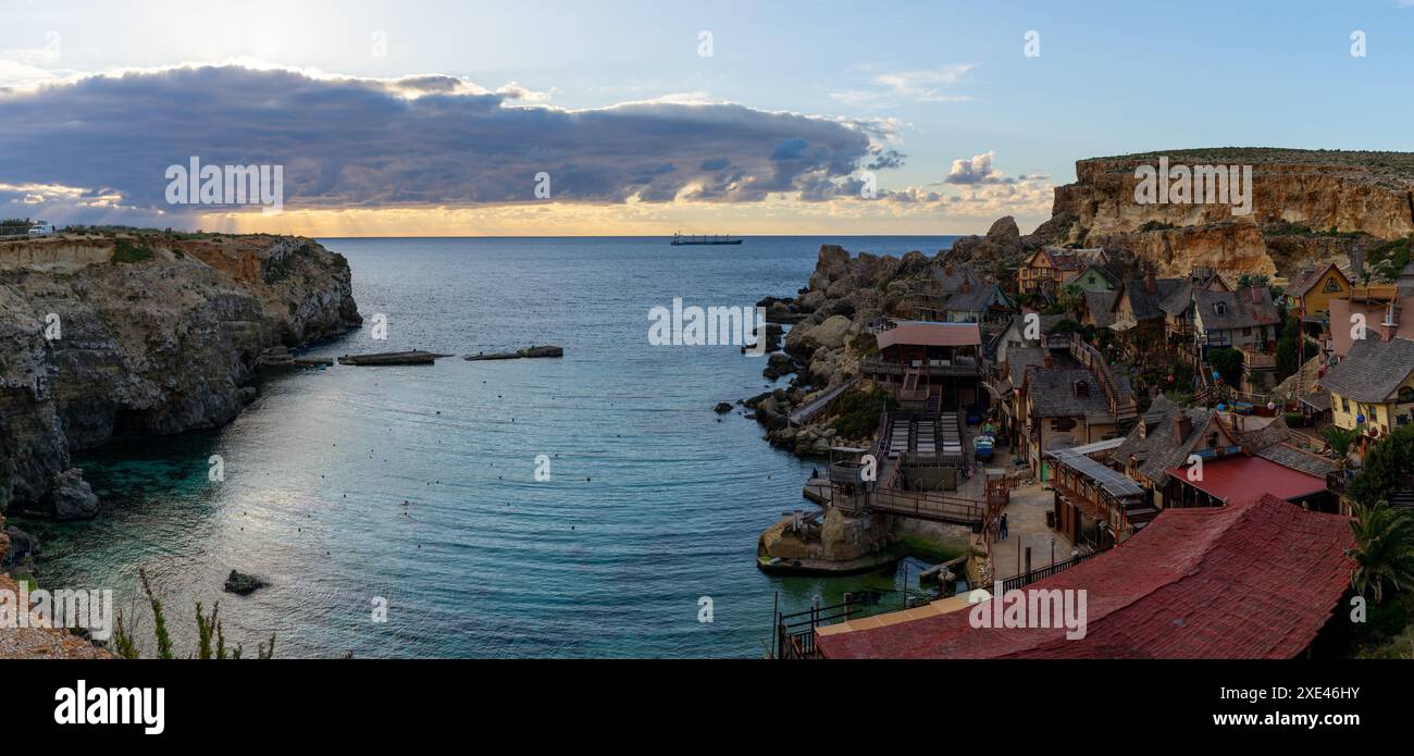 Panorama view of Popeye Village in Anchor Bay on Malta Stock Photo - Alamy