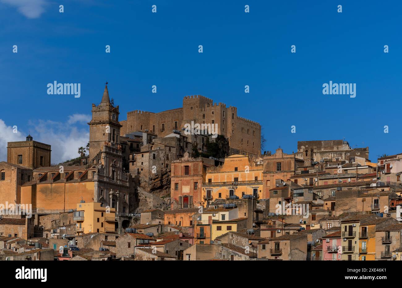 View of the Sicilian mountain town of Caccamo with the church and ...