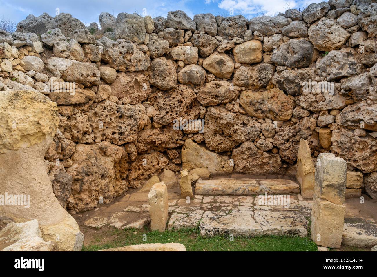 Detail view of the neolithic temple ruins of Ggantija on Gozo Island in ...