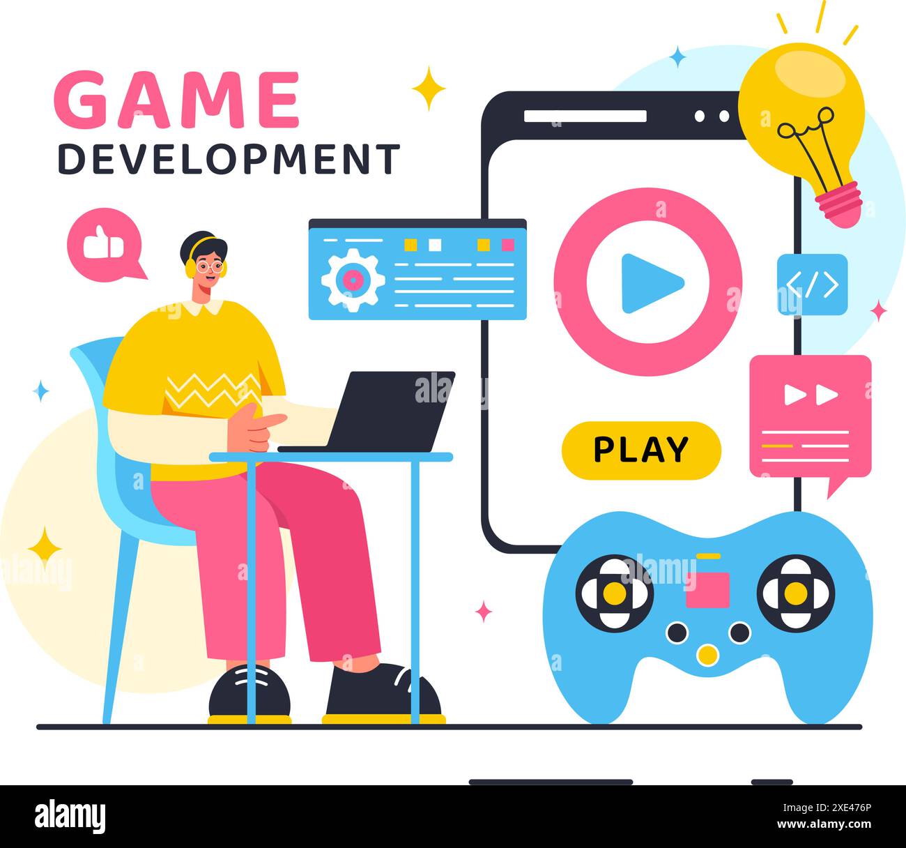 Vector Illustration Of Video Game Development With Games, Digital 