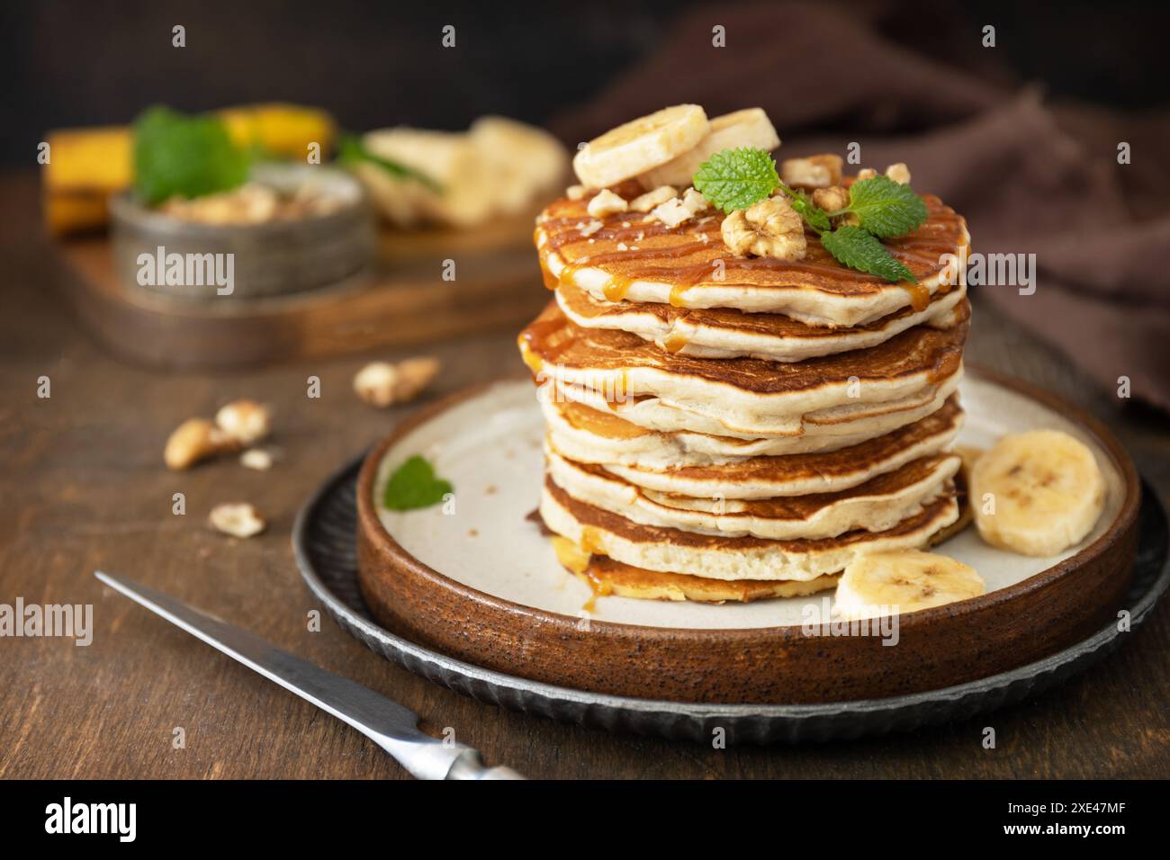Celebrating Pancake day, american breakfast. Delicious homemade banana ...