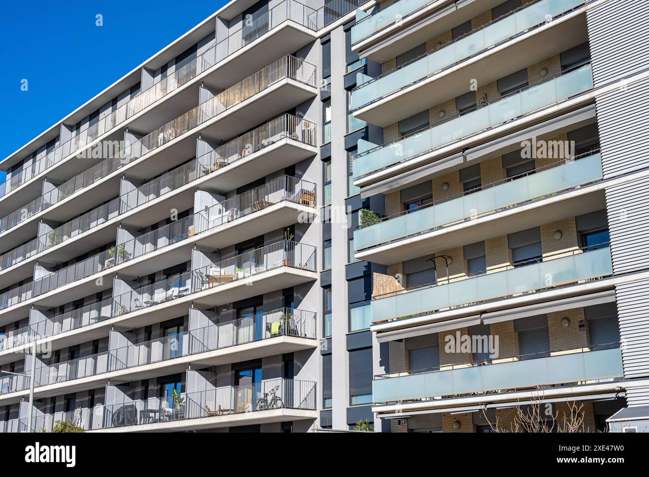 The facade of some modern apartment buildings seen in Badalona, Spain ...