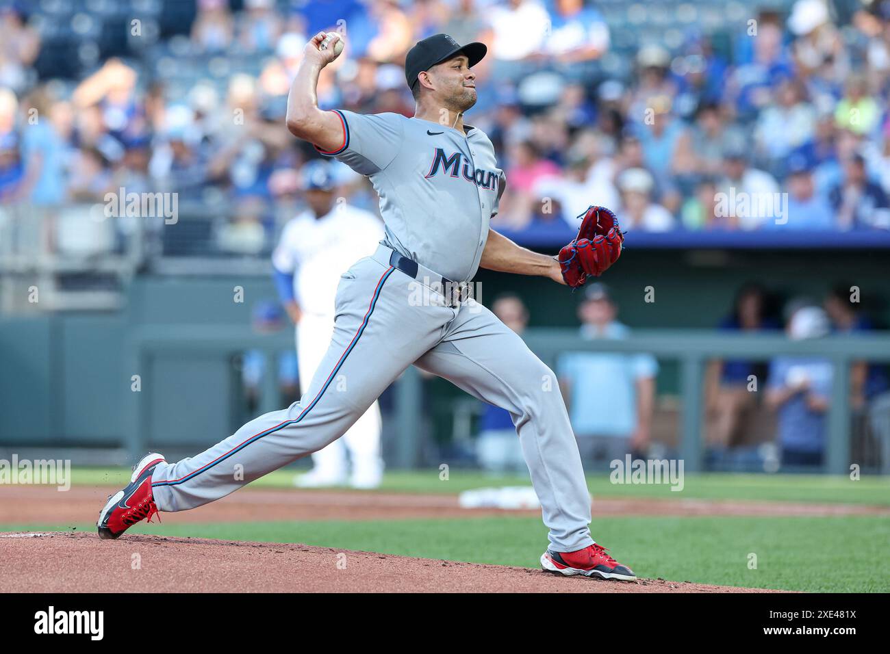 Kansas City, MO, USA. 25th June, 2024. Miami Marlins starting pitcher ...