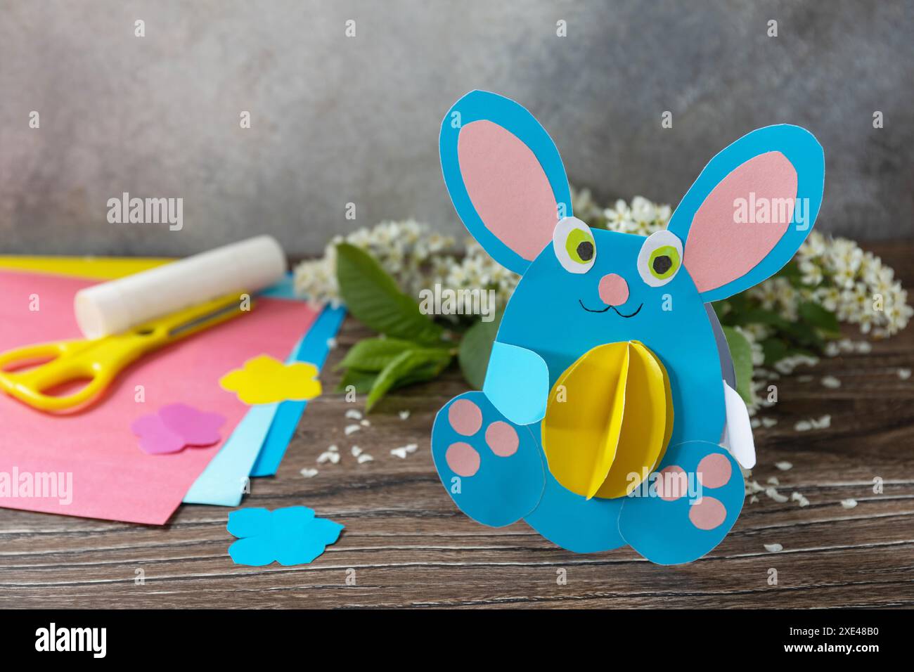 Easter bunny toy card with easter egg and spring flowers. Handmade ...