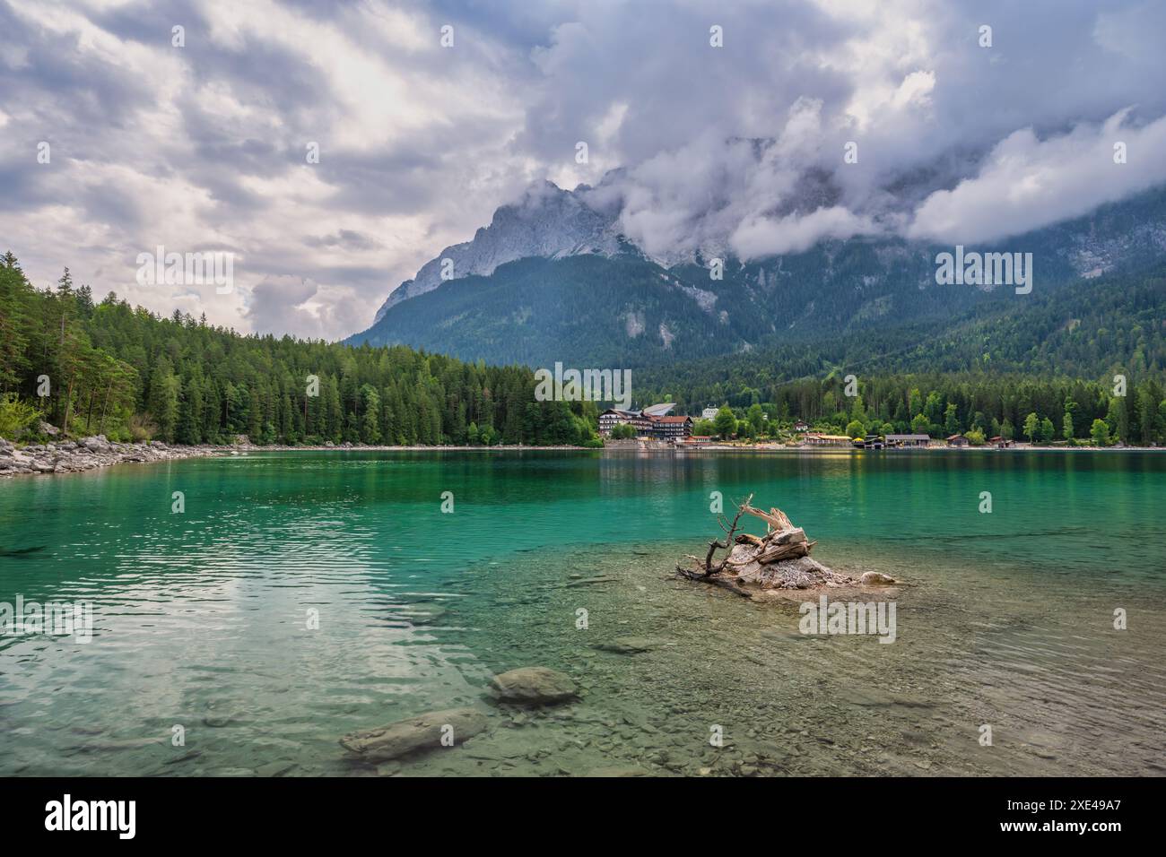 Zugspitze Peak top of Germany Alps mountain range and Eibsee Lake ...