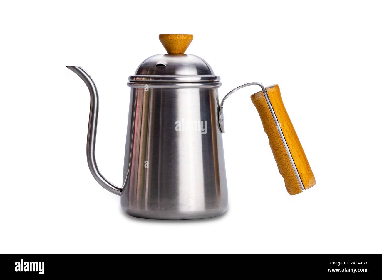 Side view of single stainless coffee drip kettle isolated on white ...