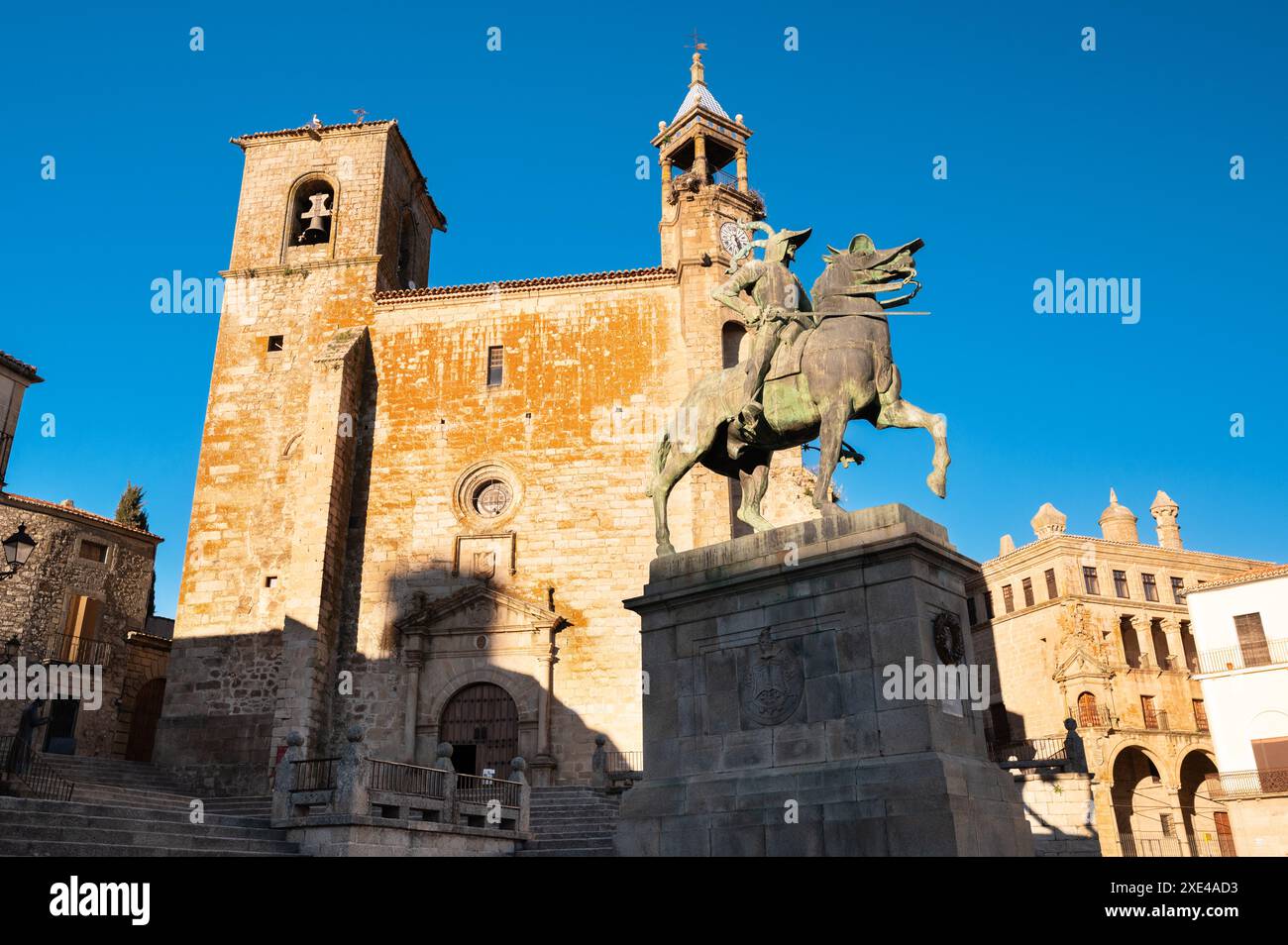 Pizarro statue and Plaza Mayor Square in Trujillo, Spain Stock Photo ...