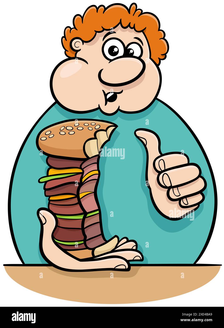 Cartoon man character eating a big cheeseburger Stock Photo - Alamy
