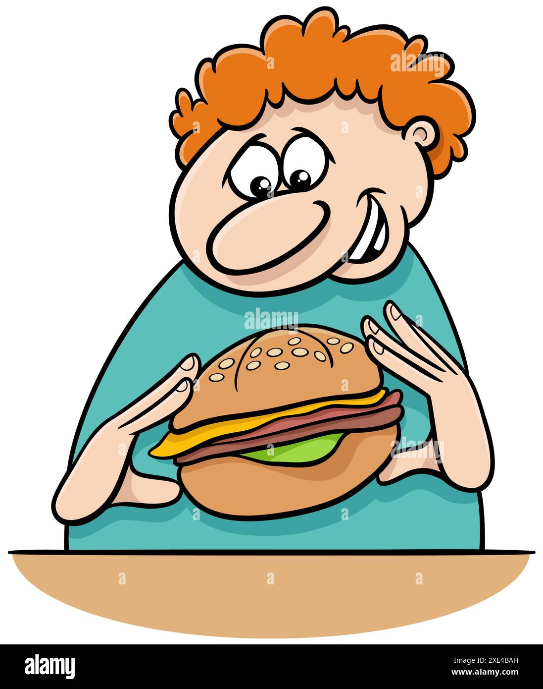 Cartoon man character eating a cheeseburger Stock Photo - Alamy