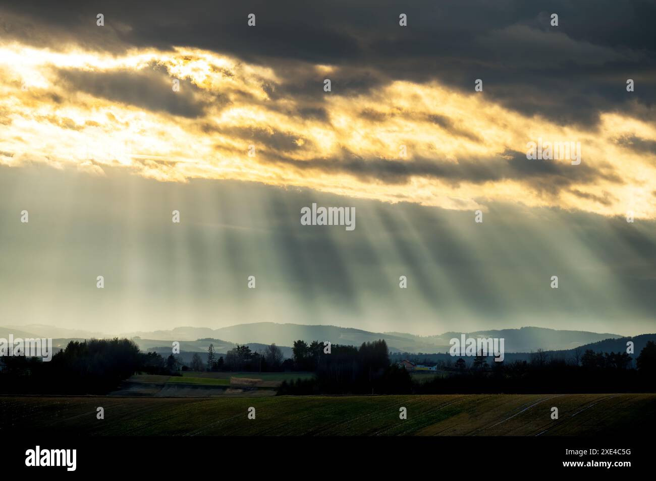 The golden sunlight through the heavy cloud before the storm coming ...