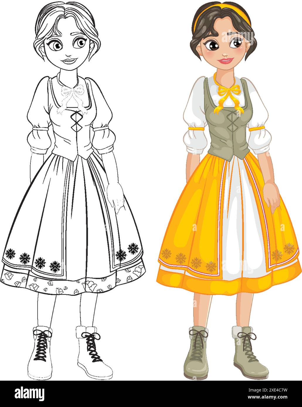 Character in traditional dress with color and outline versions Stock ...