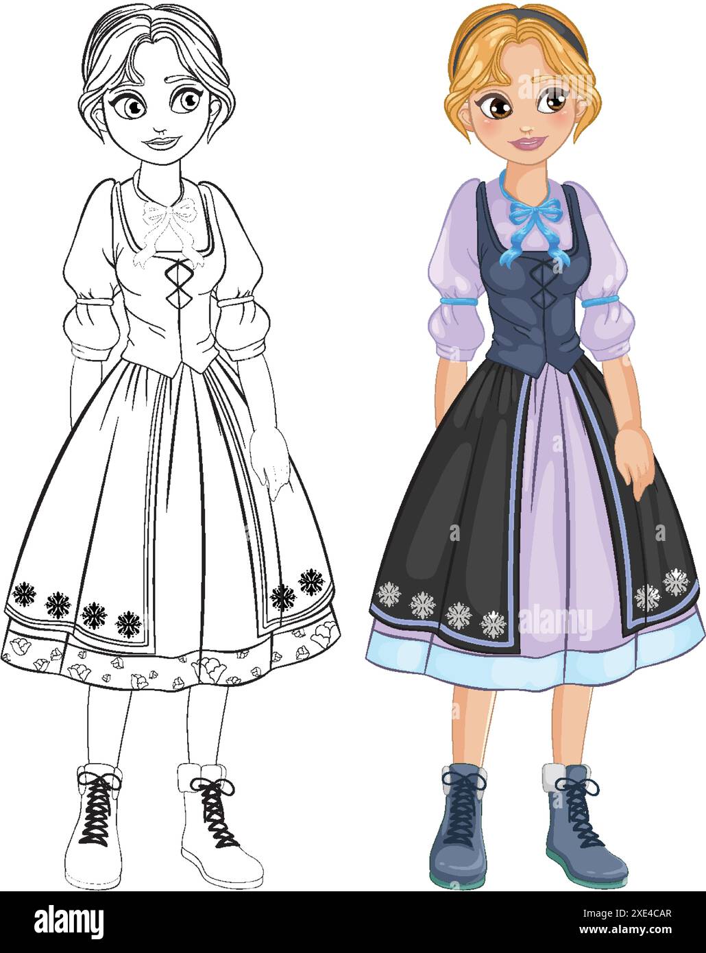 Character in traditional dress with color and outline versions Stock ...