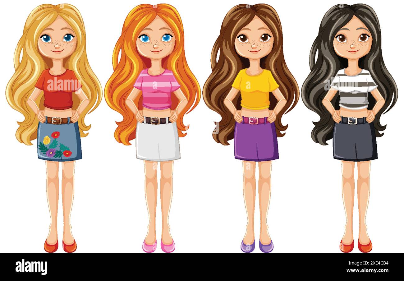 Four girls in colorful outfits standing together Stock Vector Image ...