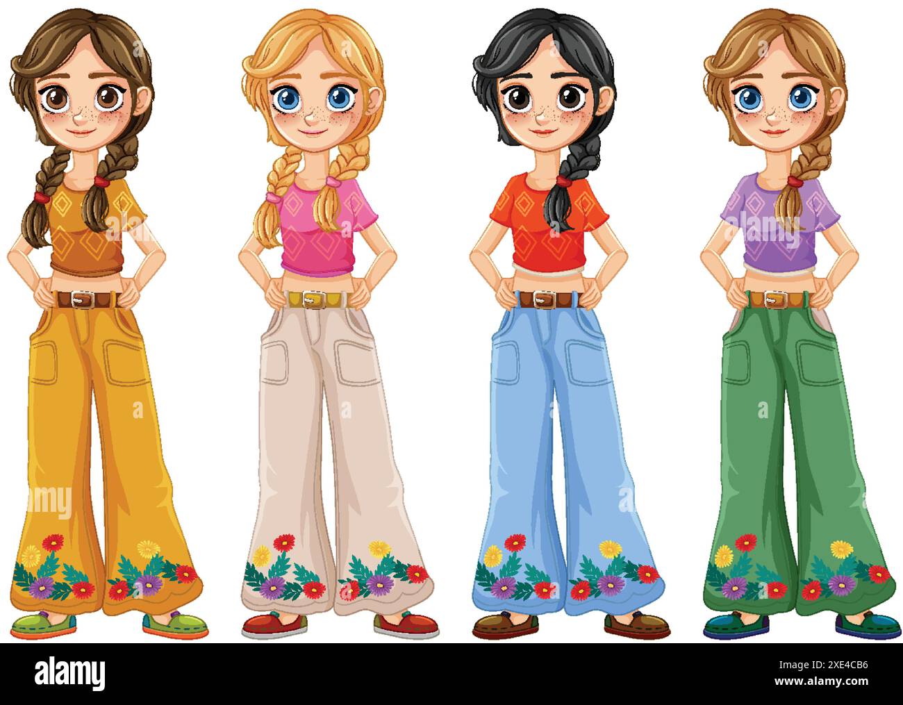 Four girls in colorful outfits with floral designs Stock Vector Image ...