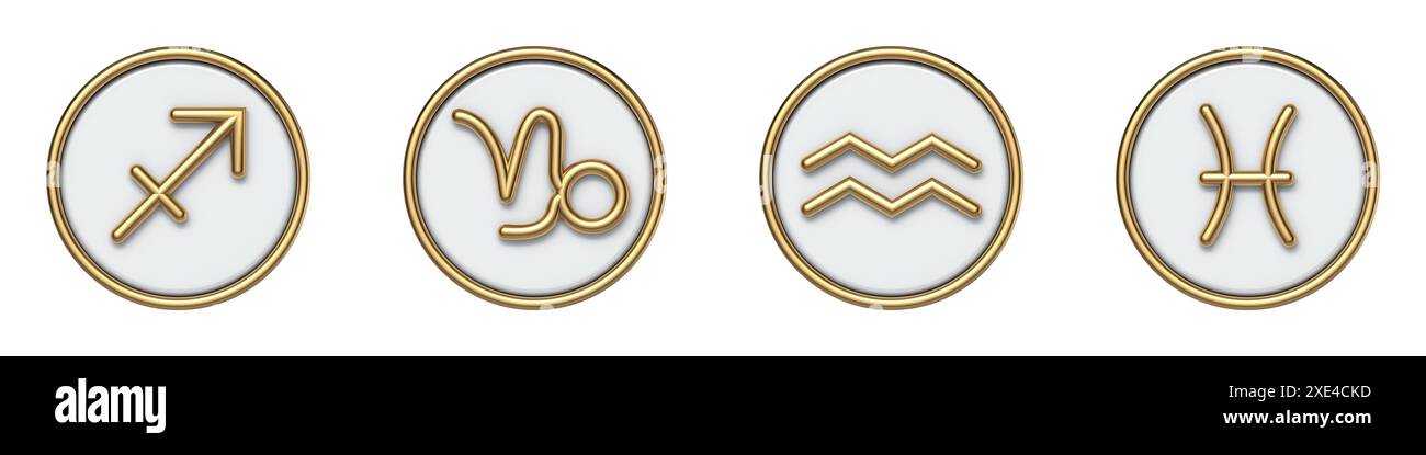 Golden zodiac signs Archer Goat Water Bearer Fish 3D rendering ...