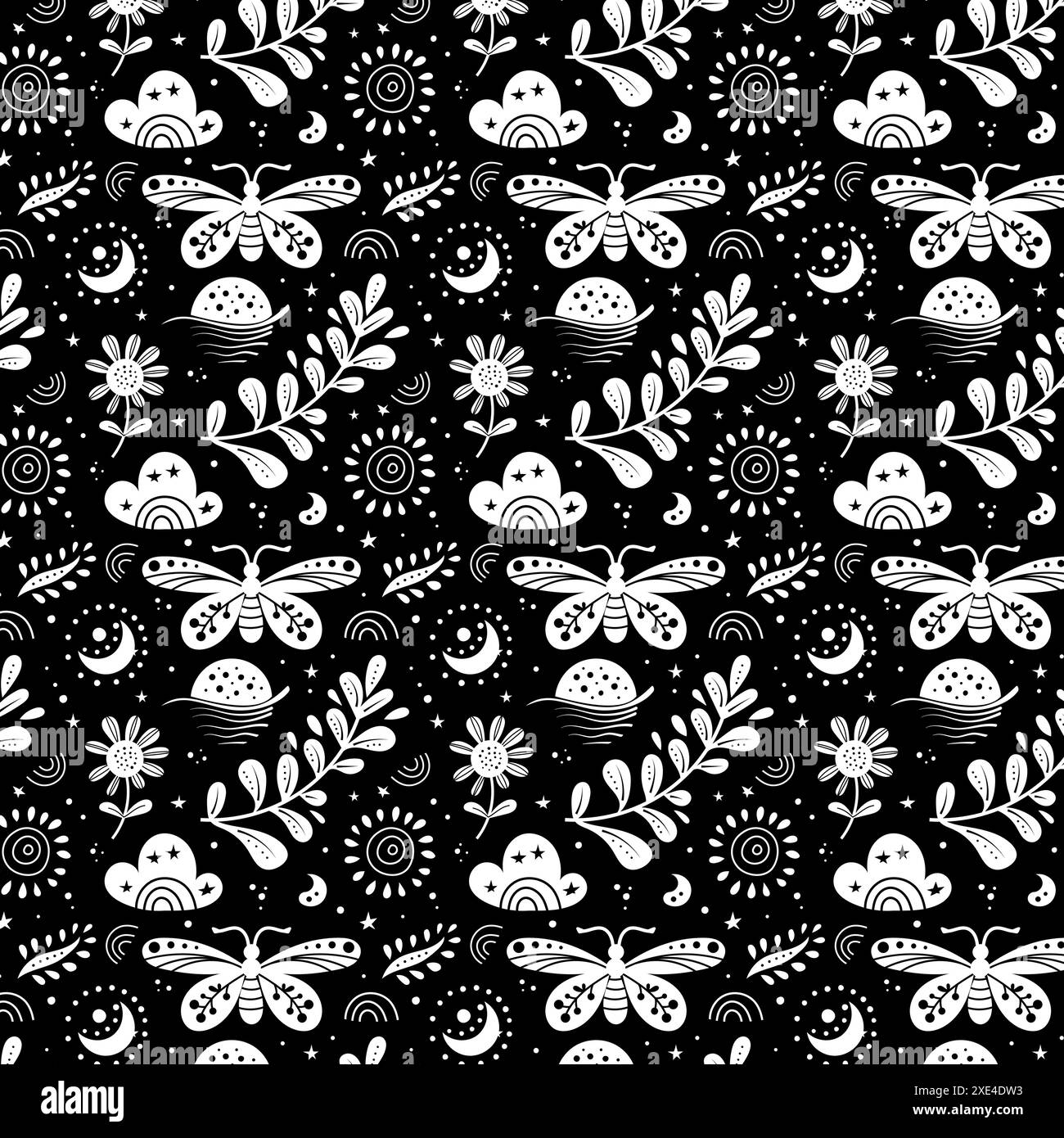 Seamless neo folk art vector pattern with butterfly, moth and flowers ...
