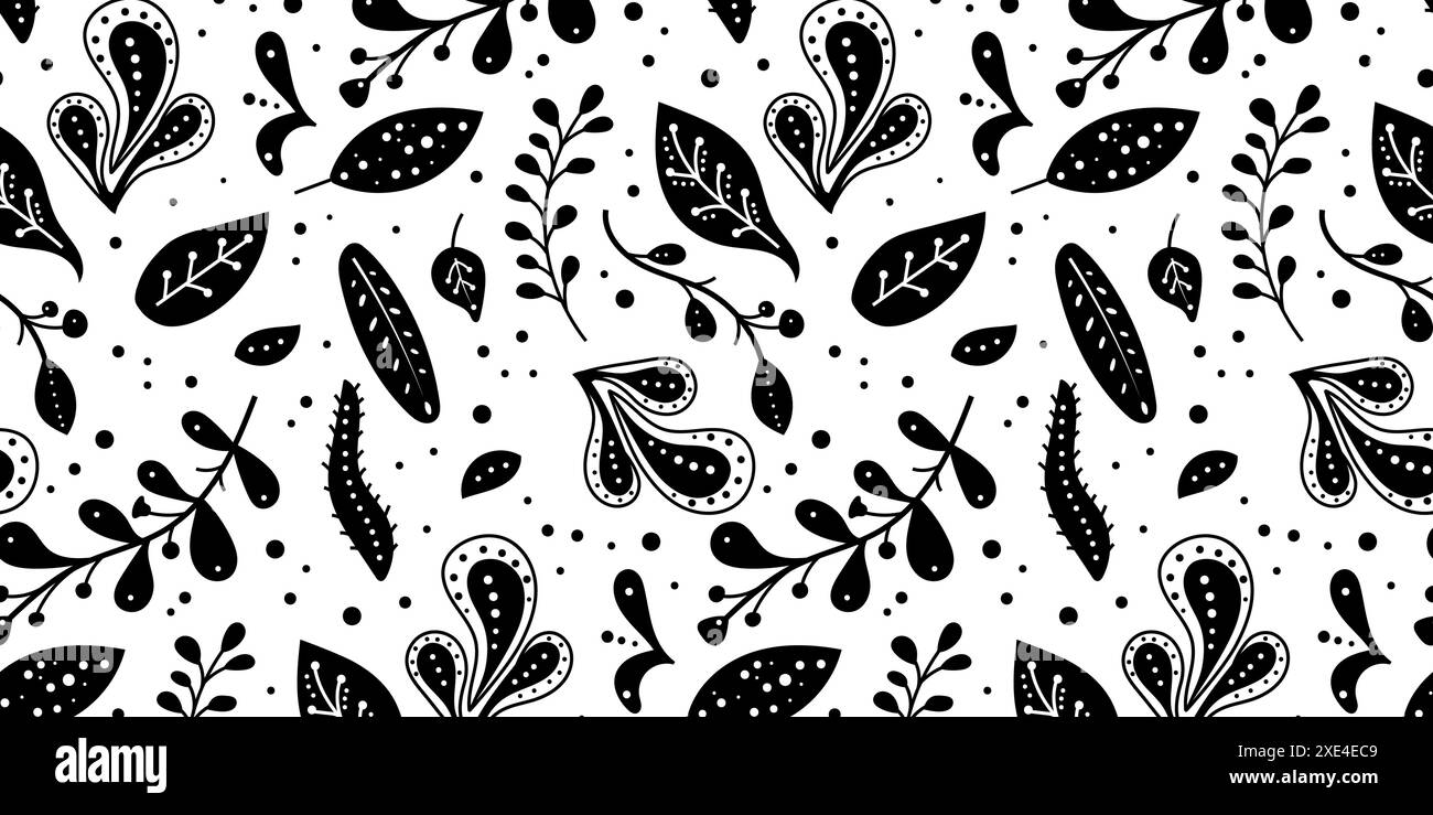 Seamless neo folk art vector pattern with flowers, black and white ...