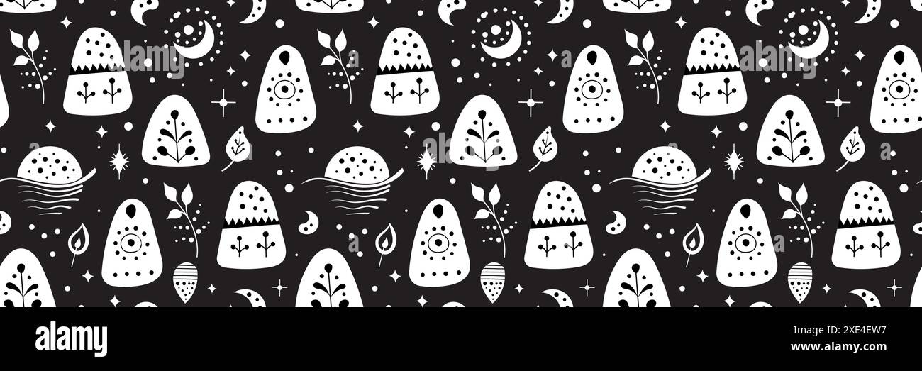 Seamless neo folk art vector pattern with mountains, moon and flowers ...