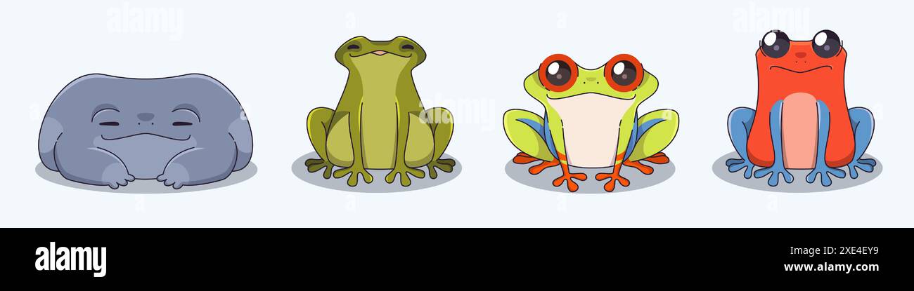 Cute aquatic and tropical frog character of different colors and ...