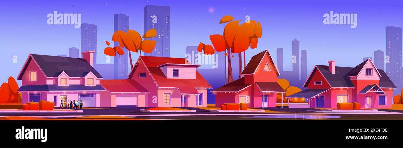 Halloween autumn city street with house in evening cartoon vector ...
