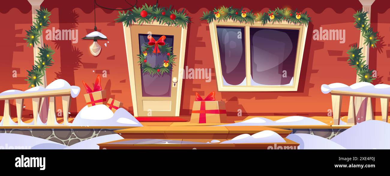 House facade with porch decorated for Christmas. Vector cartoon ...