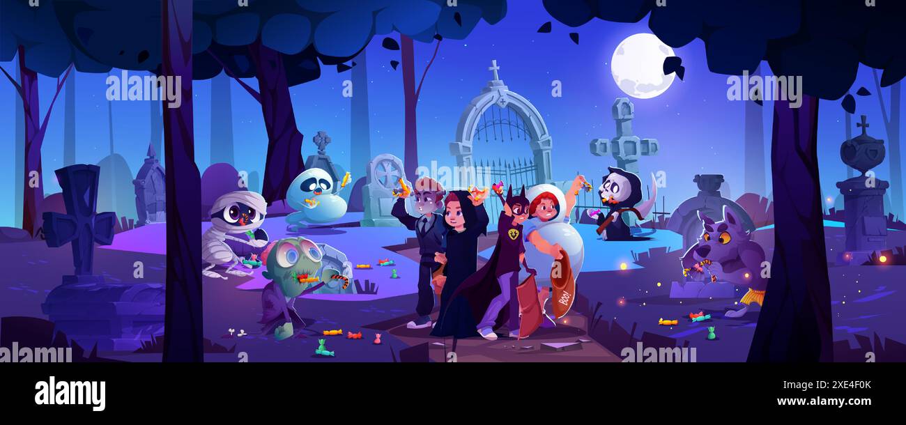 Children defend on night graveyard and throw candy cartoon background ...