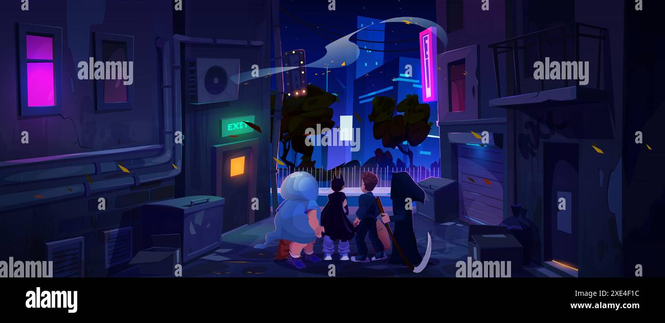 Night city back street alley and children on Halloween cartoon ...