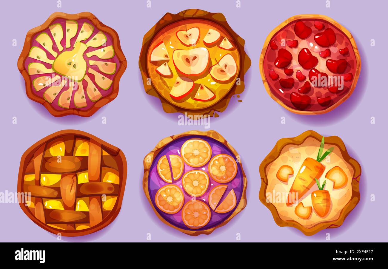 Fruit and vegetable pies top view set isolated on background. Vector cartoon illustration of ...