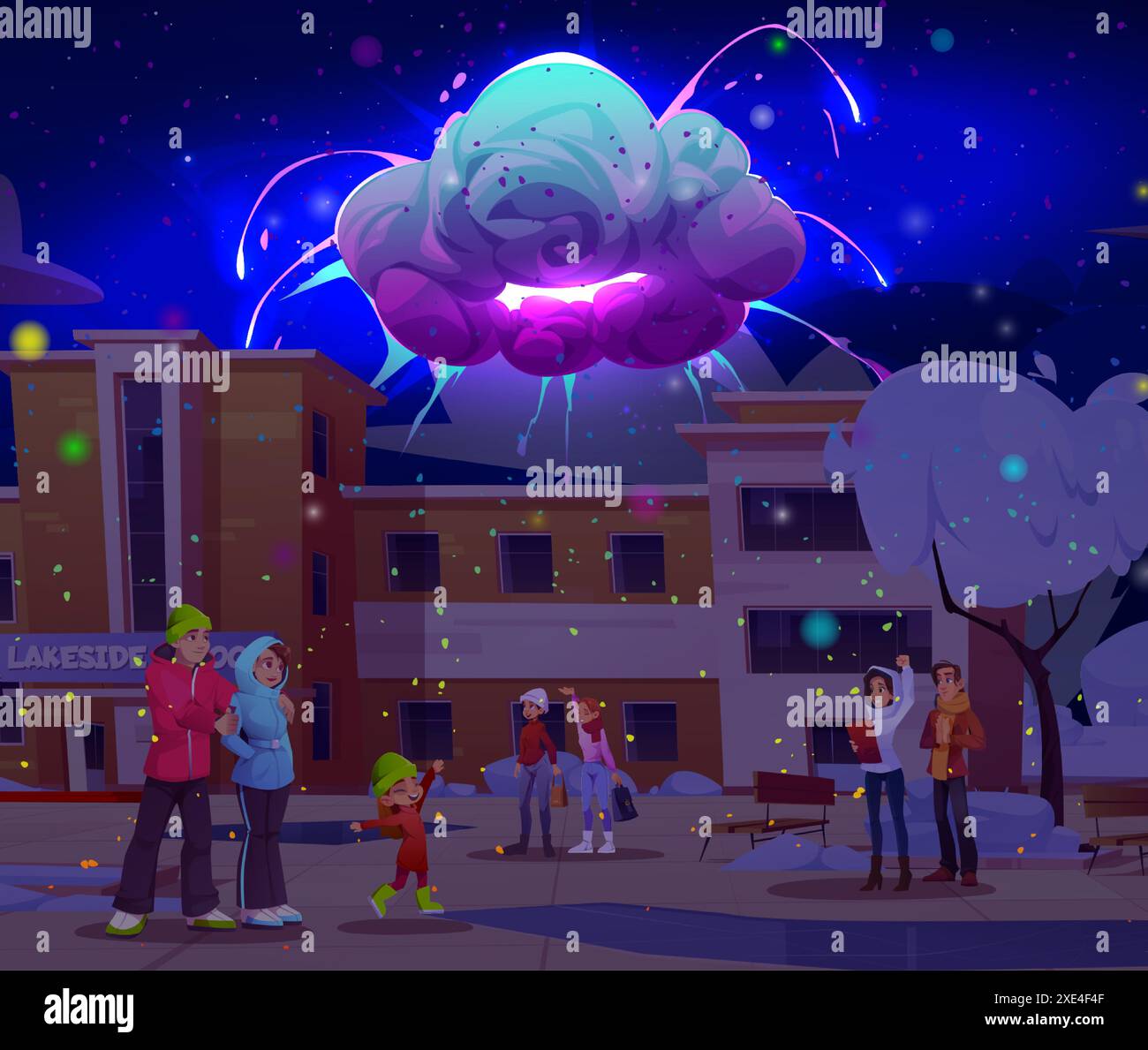 Comic blast with magic smoke near building and people cartoon ...