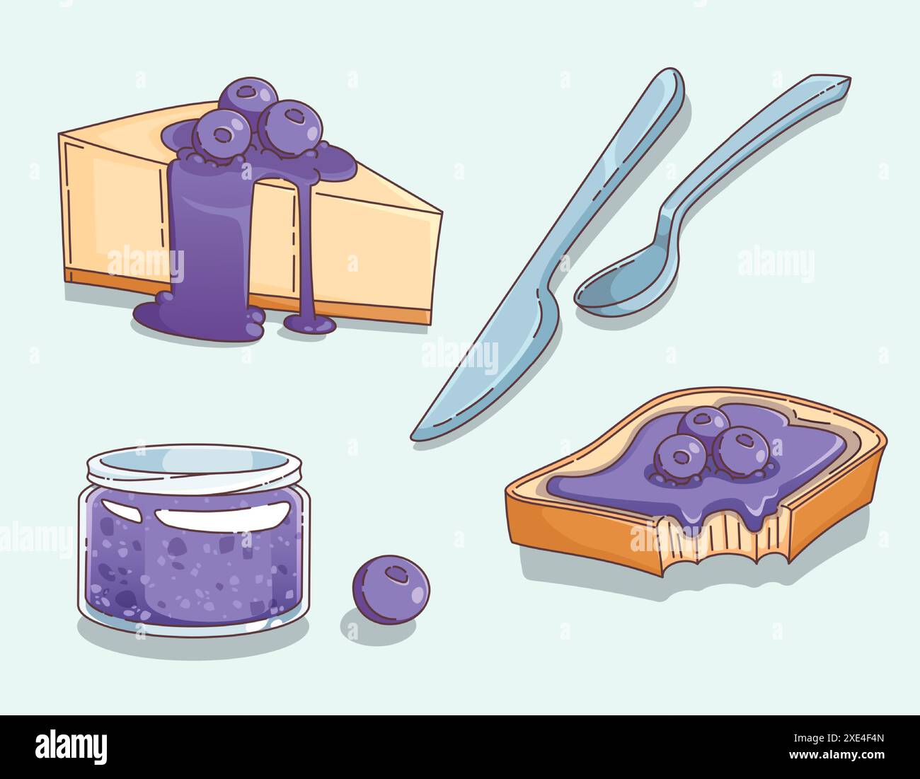 Blueberry jam in glass jar, spread on square bitten bread toast and ...