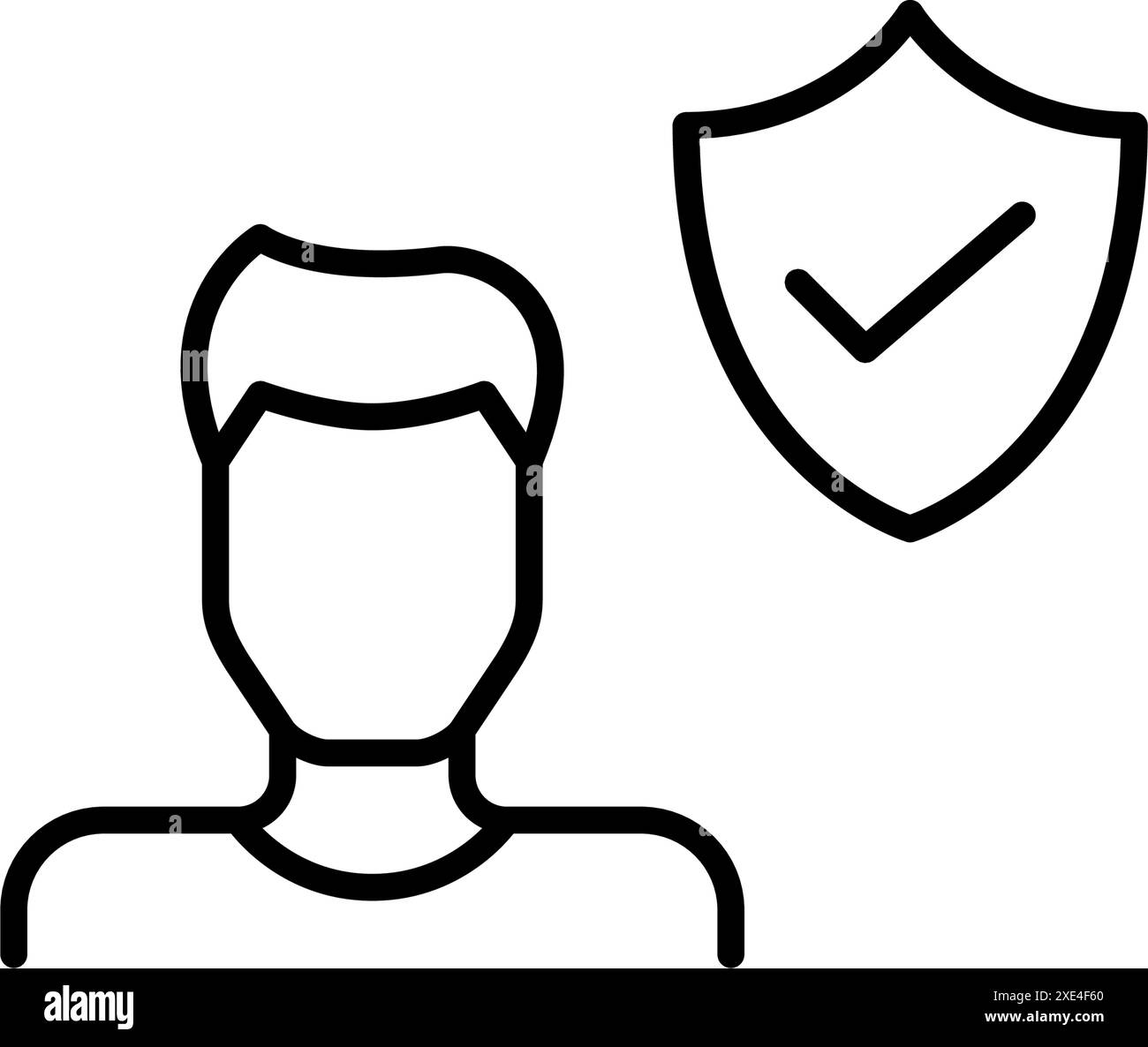 Male user, shield and checkmark. Secure internet practices. Cyber ...