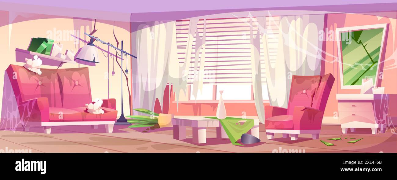 Abandoned pink living room interior. Vector cartoon illustration of ...