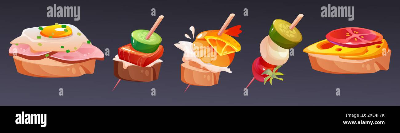 Finger canape food. Buffet bruschetta appetizer vector. Starter ...