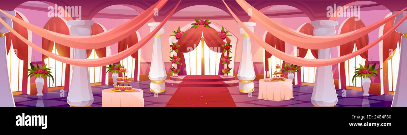 Luxury restaurant decorated for wedding ceremony. Vector cartoon ...